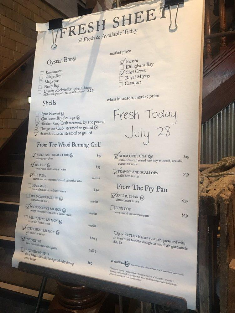 Menu at The Sandbar Seafood Restaurant, Vancouver
