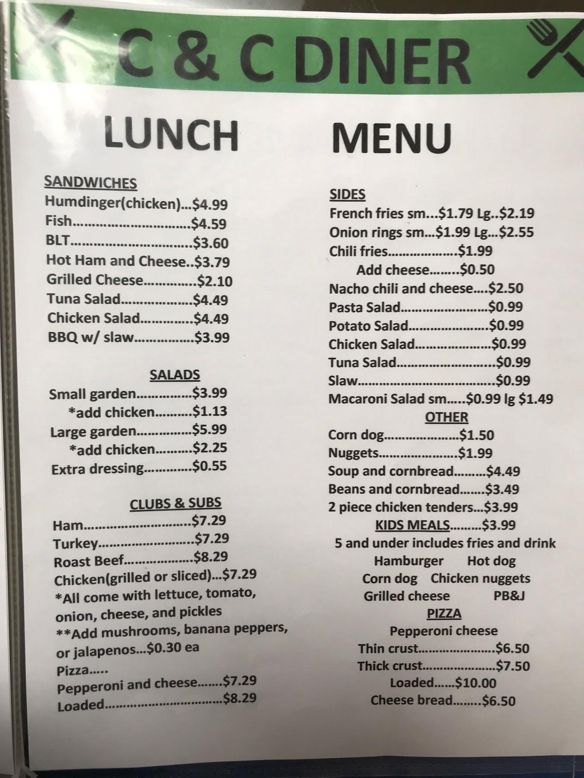 Menu at C&C Diner, Lindside