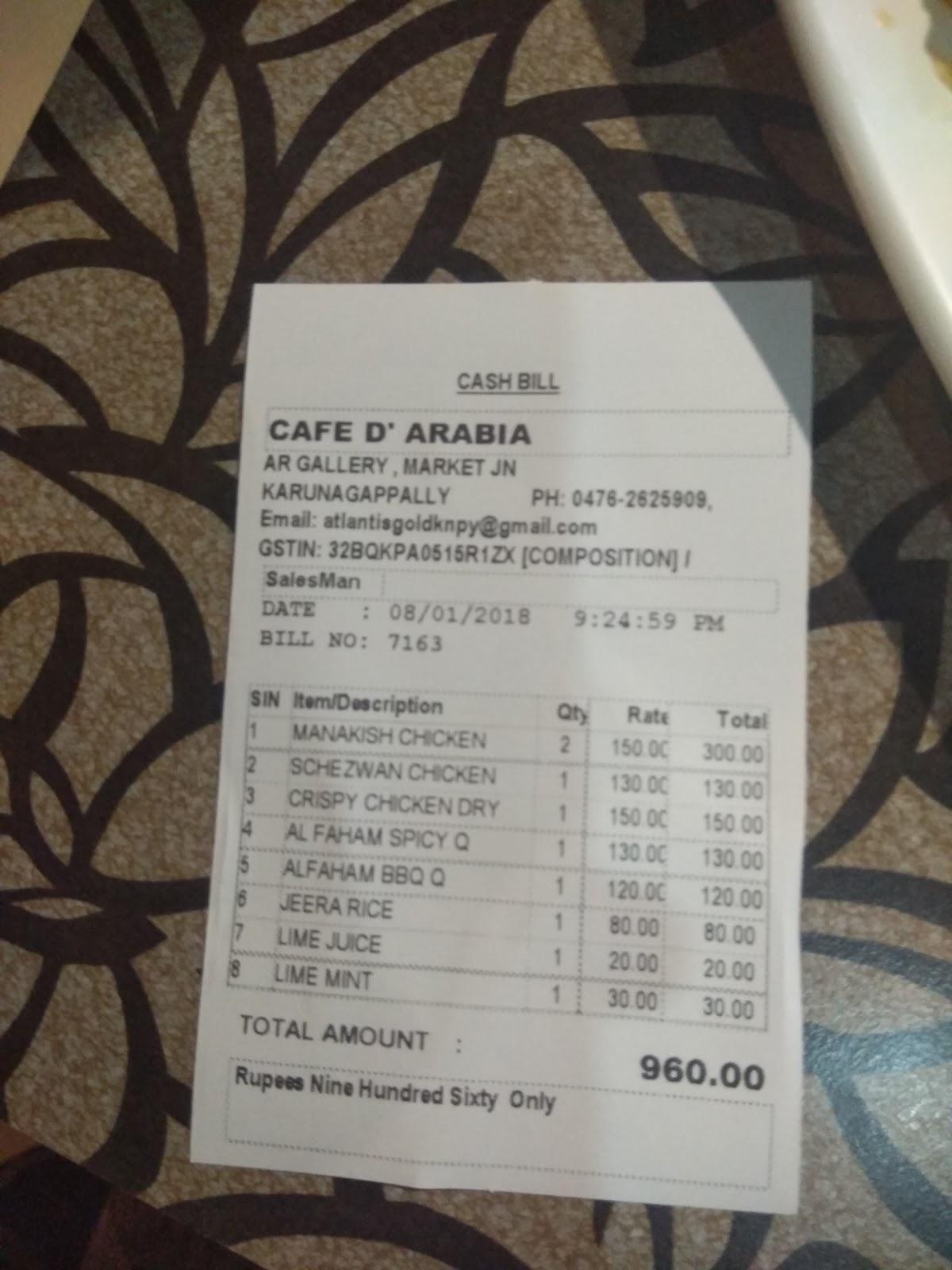 Menu at Café D Arabia, Karunagappally