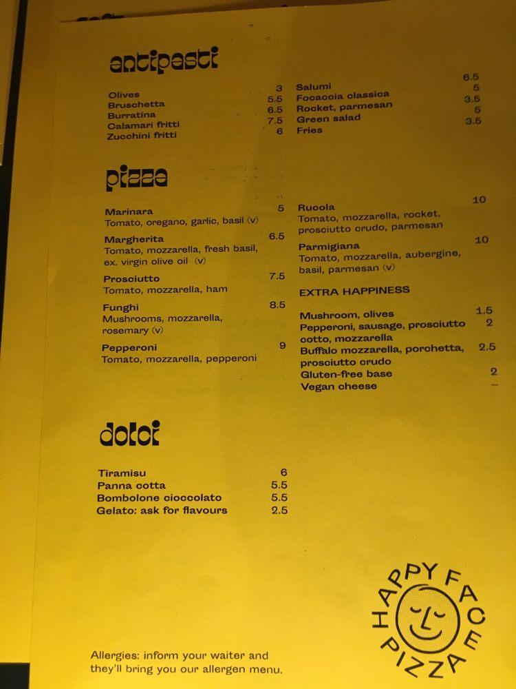 Menu at Happy Face Pizza King's Cross pizzeria, London, 14 Handyside St