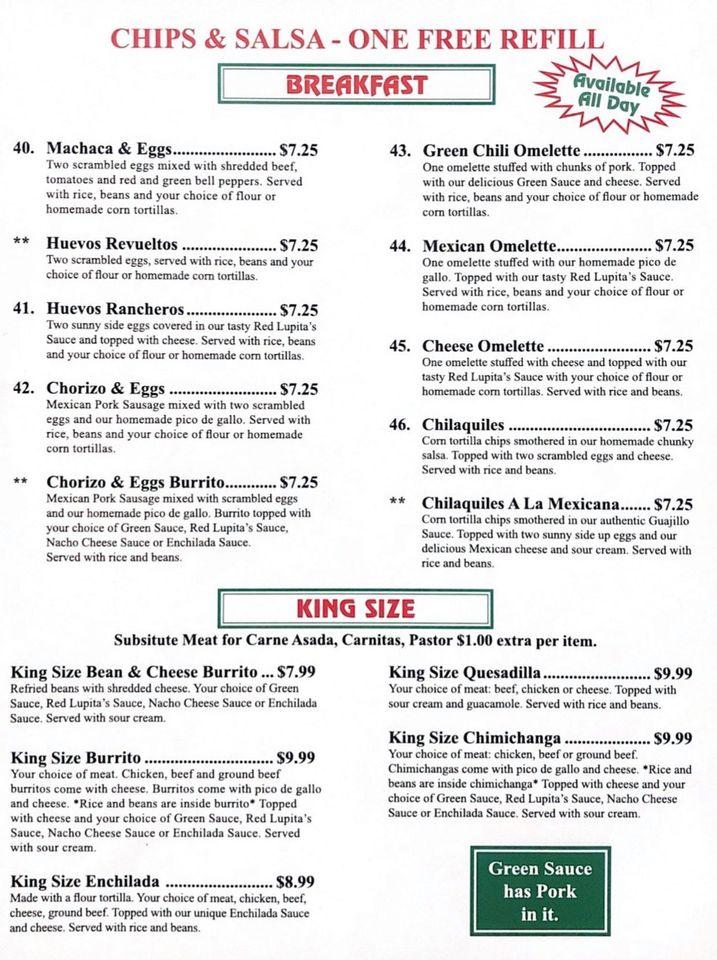 Menu at Lupita's Mexican Restaurant, Cedar City