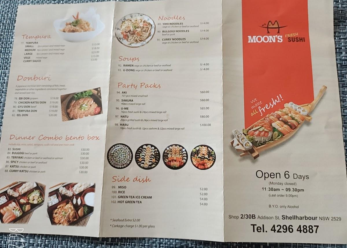 Menu at Moon's Sushi Shellharbour restaurant, Shellharbour