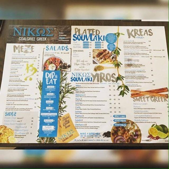 Menu at Nikos restaurant, Johannesburg, 8 Queens Street
