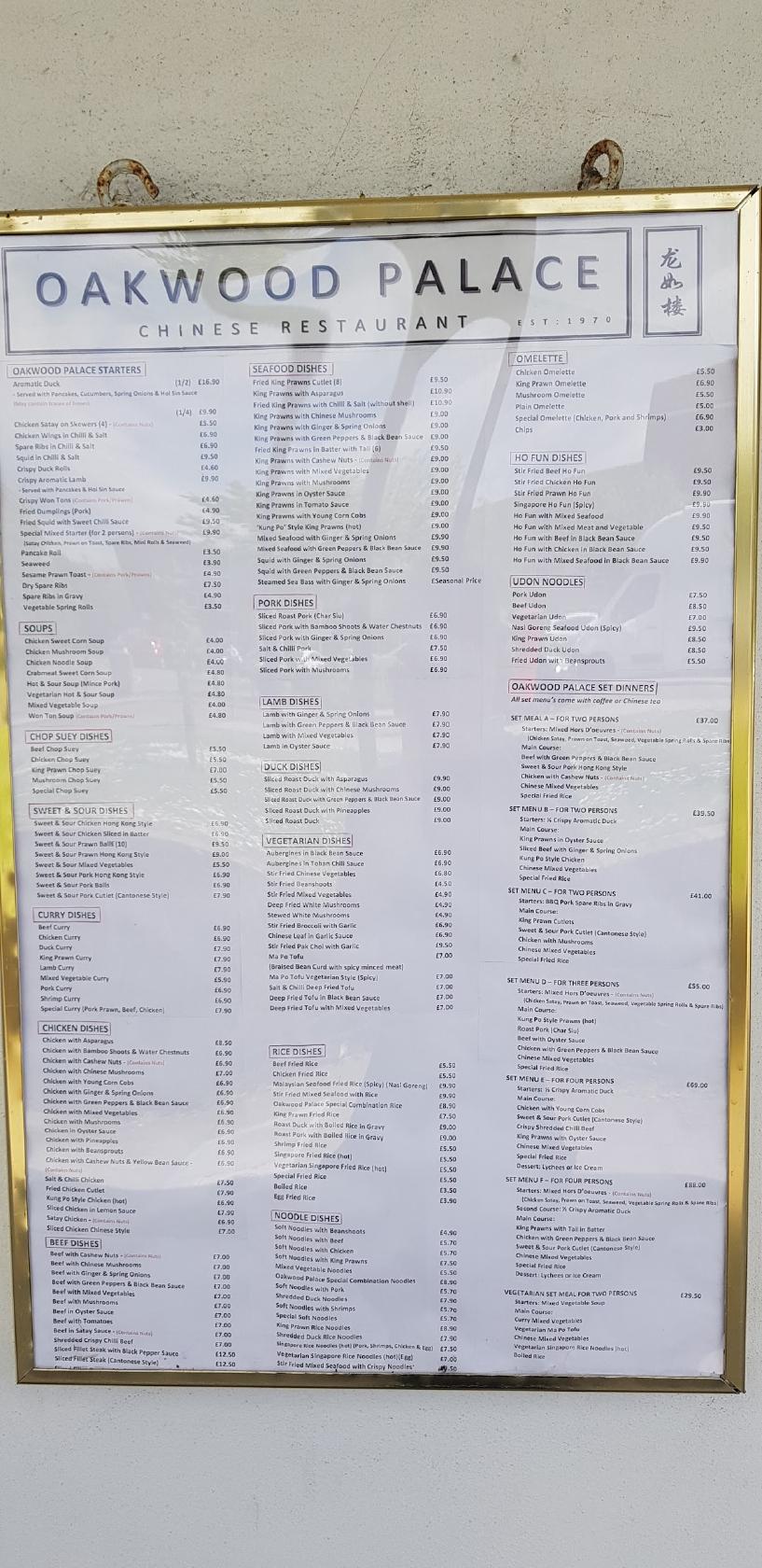 Menu at Oakwood Palace restaurant, London