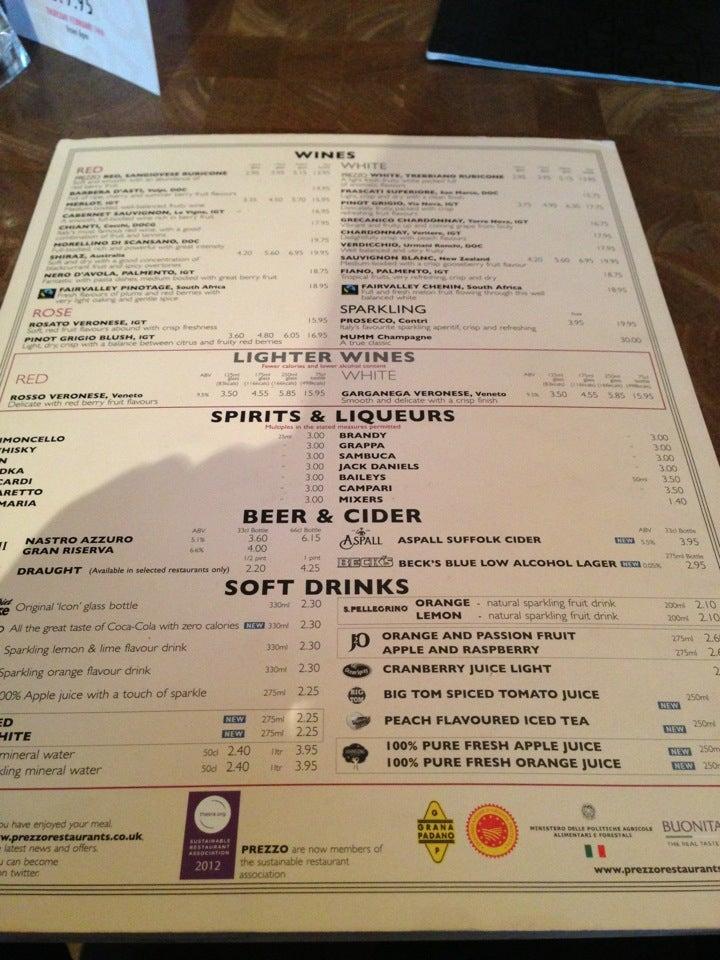 Menu at Prezzo Italian Restaurant London Euston, London, 163 Euston Rd.