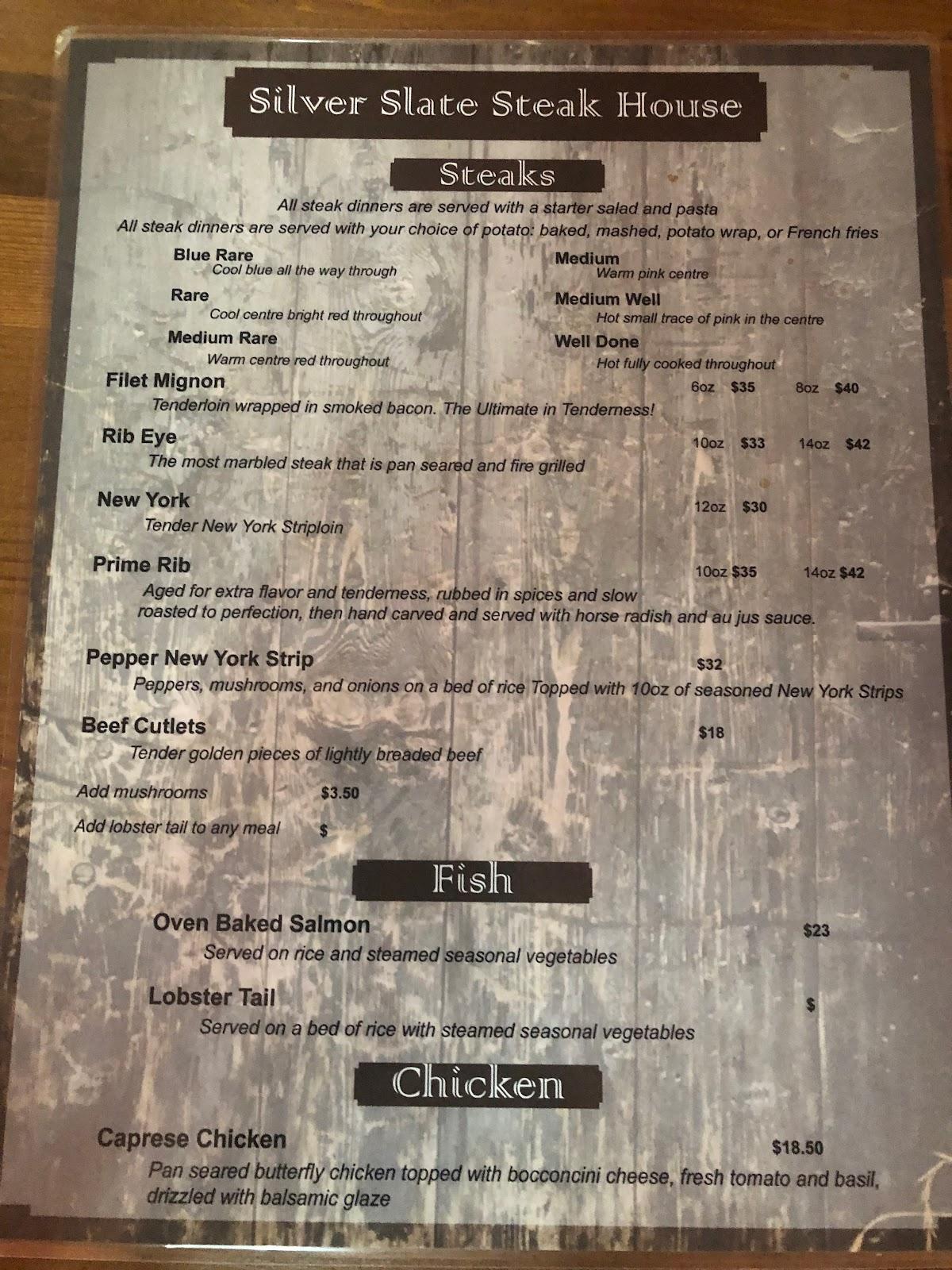 Menu at Silver Slate Steakhouse, Canada
