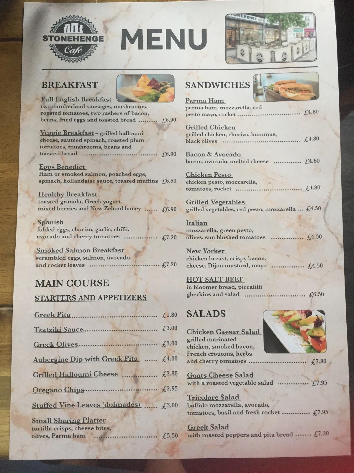 Menu at Stonehenge Cafe, Bromley