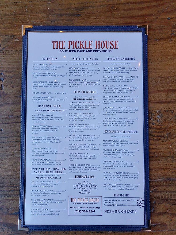 Menu at The Pickle House cafe, Austin