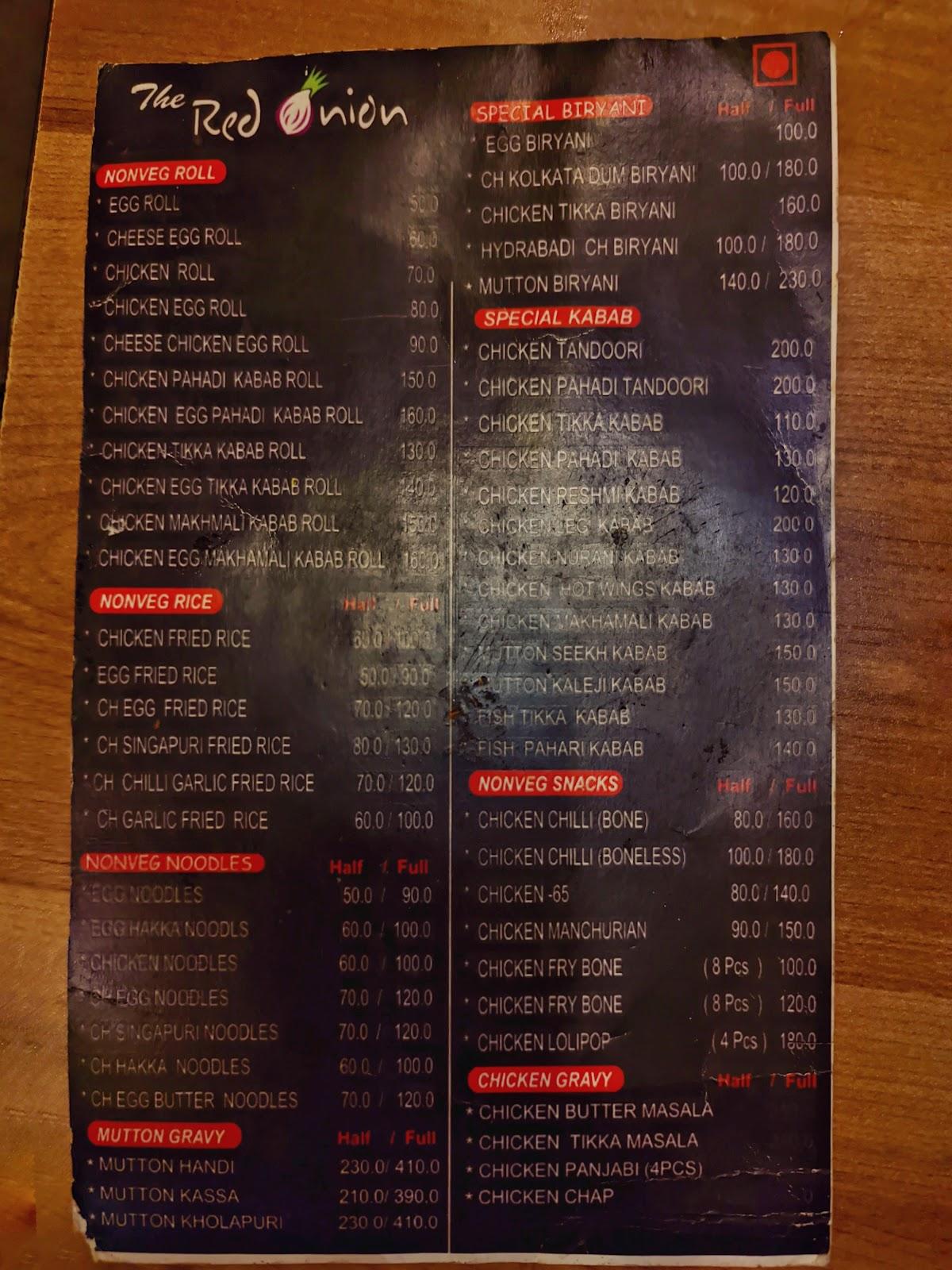 Menu at The Red Onion, Munger