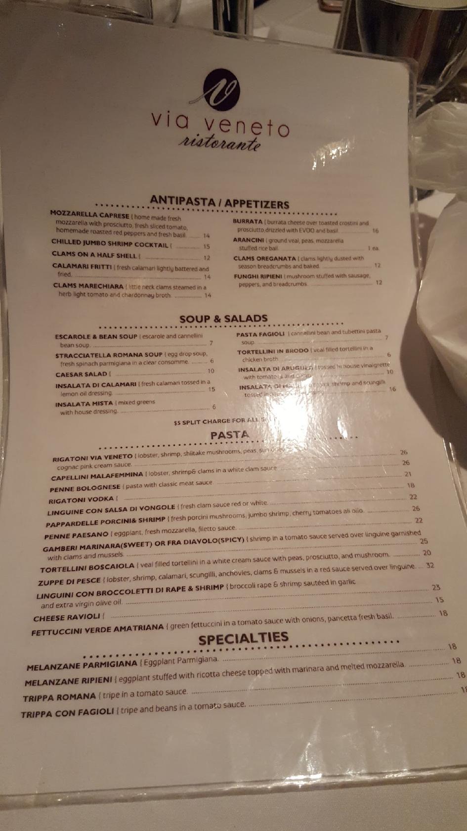 Menu at Via Veneto Italian Ristorante restaurant, Brick