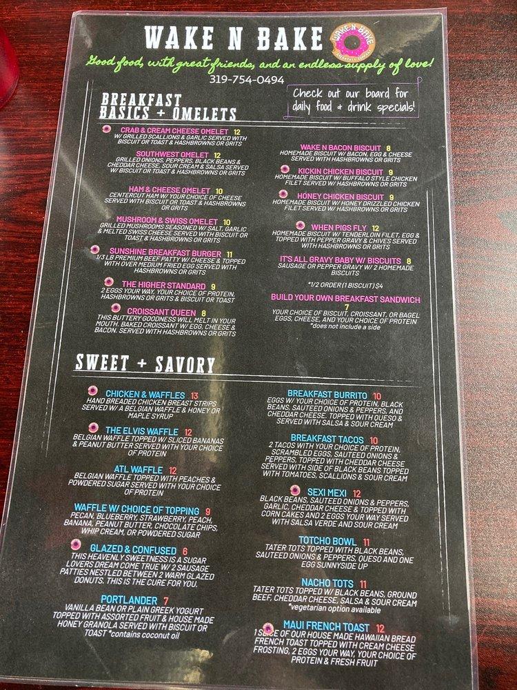 Menu at Wake n Bake Breakfast Company restaurant, Burlington