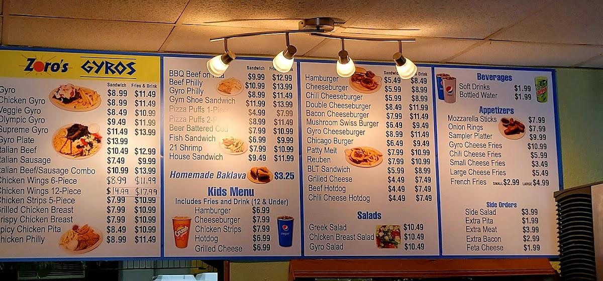 Menu at Zoro's Gyros restaurant, Dubuque