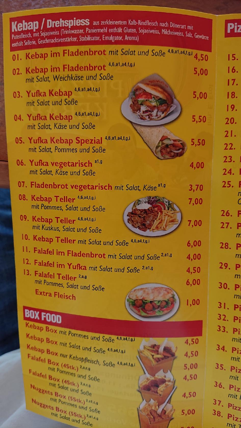 Menu at Can-Kebap pizzeria, Freiburg
