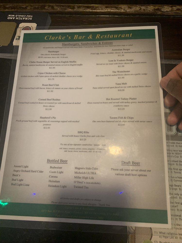 Menu at Clarke's pub & bar, Yonkers