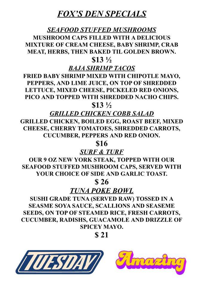 Menu at Fox's Den Bar & Grill, Williams Lake