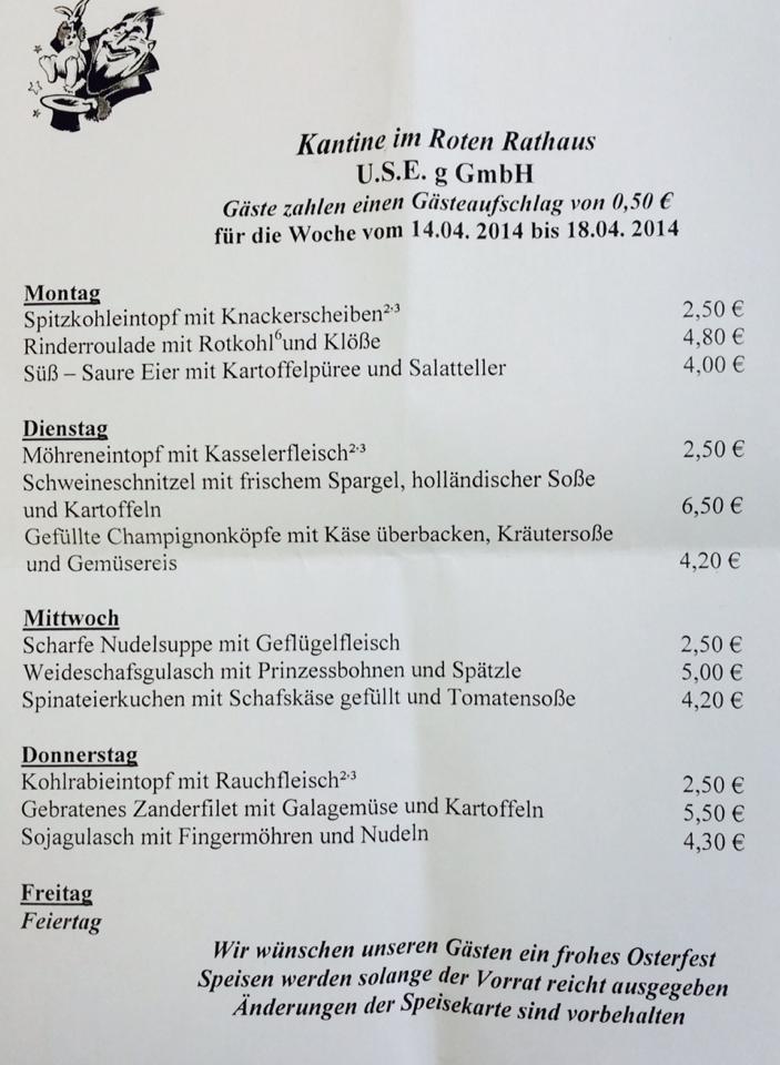 Speisekarte von Kantine im Roten Rathaus restaurant, Berlin