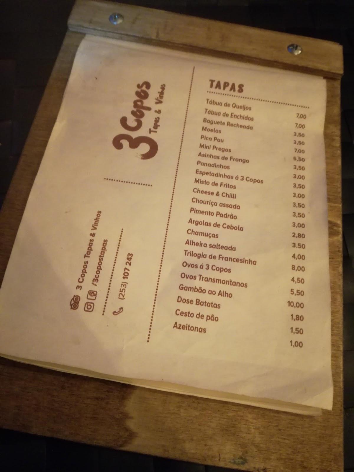 Menu at 3 Copos - Tapas e Vinhos restaurant, Apúlia