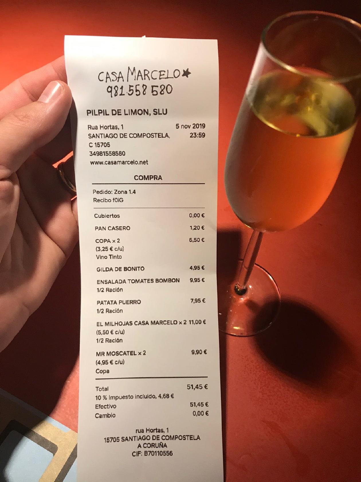 Carta del restaurante Casa Marcelo, Santiago del Compostela