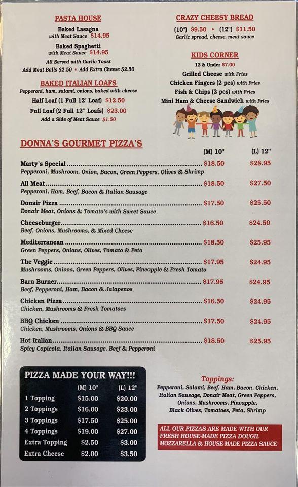 Menu at Donna's Eatery pizzeria, Edmonton, 115 Ave NW