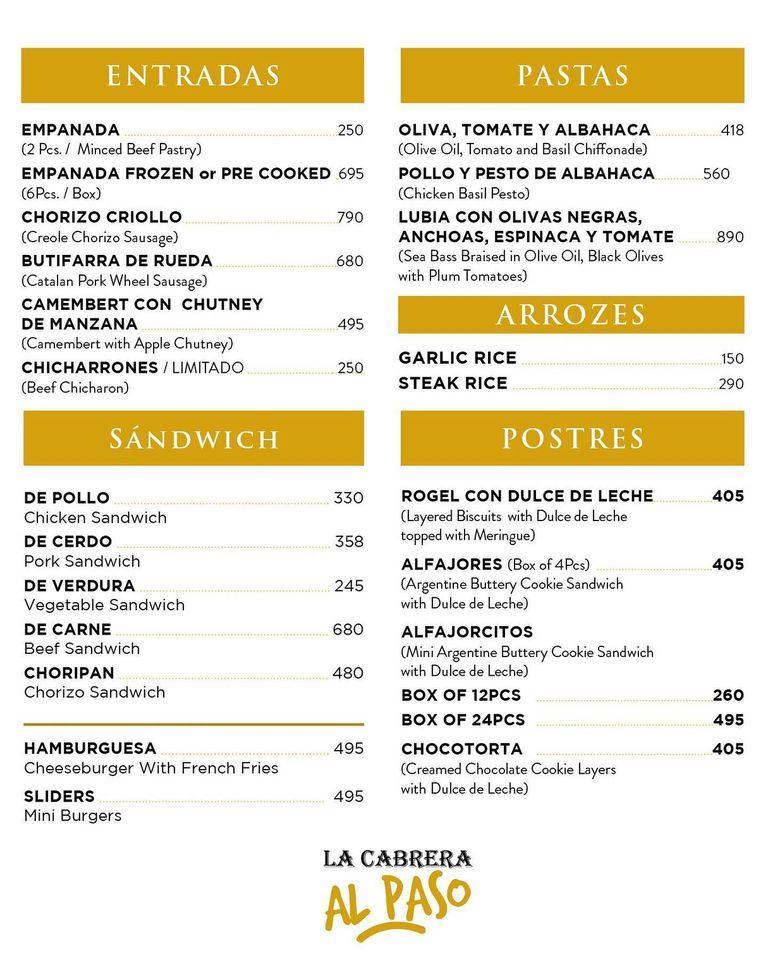 Menu at La Cabrera restaurant, Makati, H23G+46M