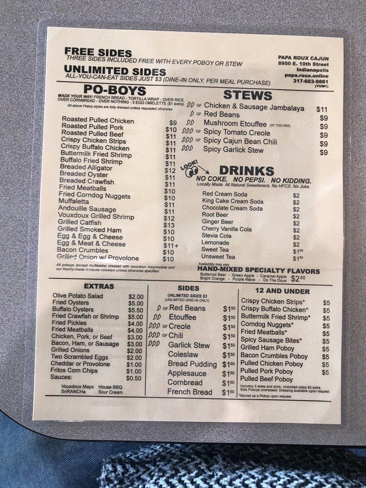 Menu at Papa Roux restaurant, Indianapolis, E 10th St