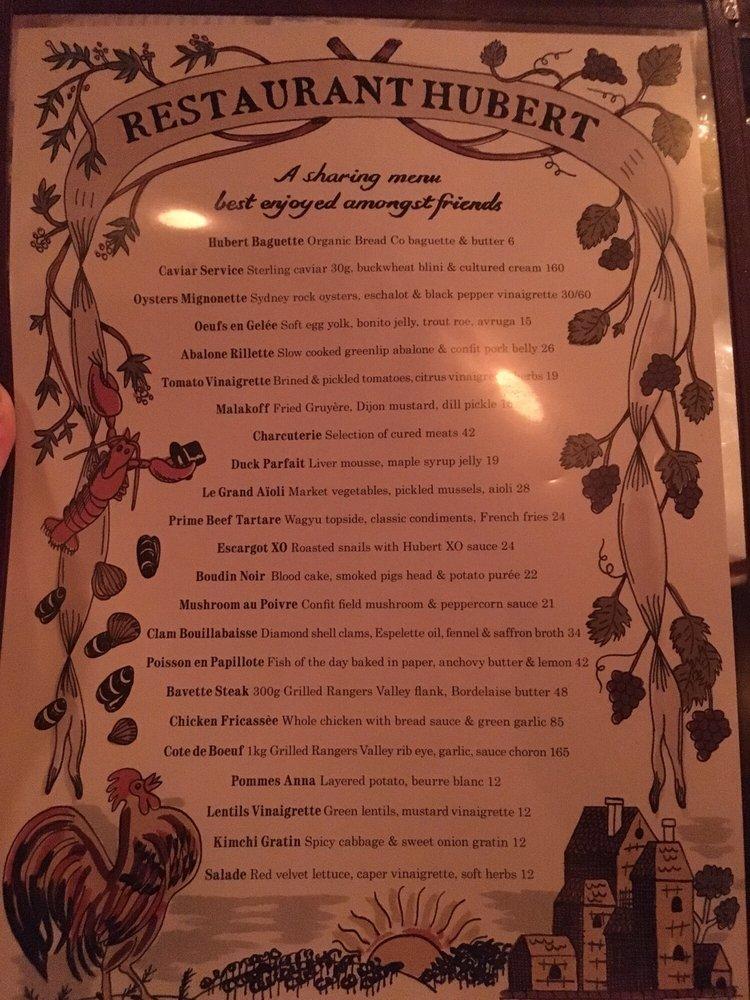 Menu at Restaurant Hubert, Sydney