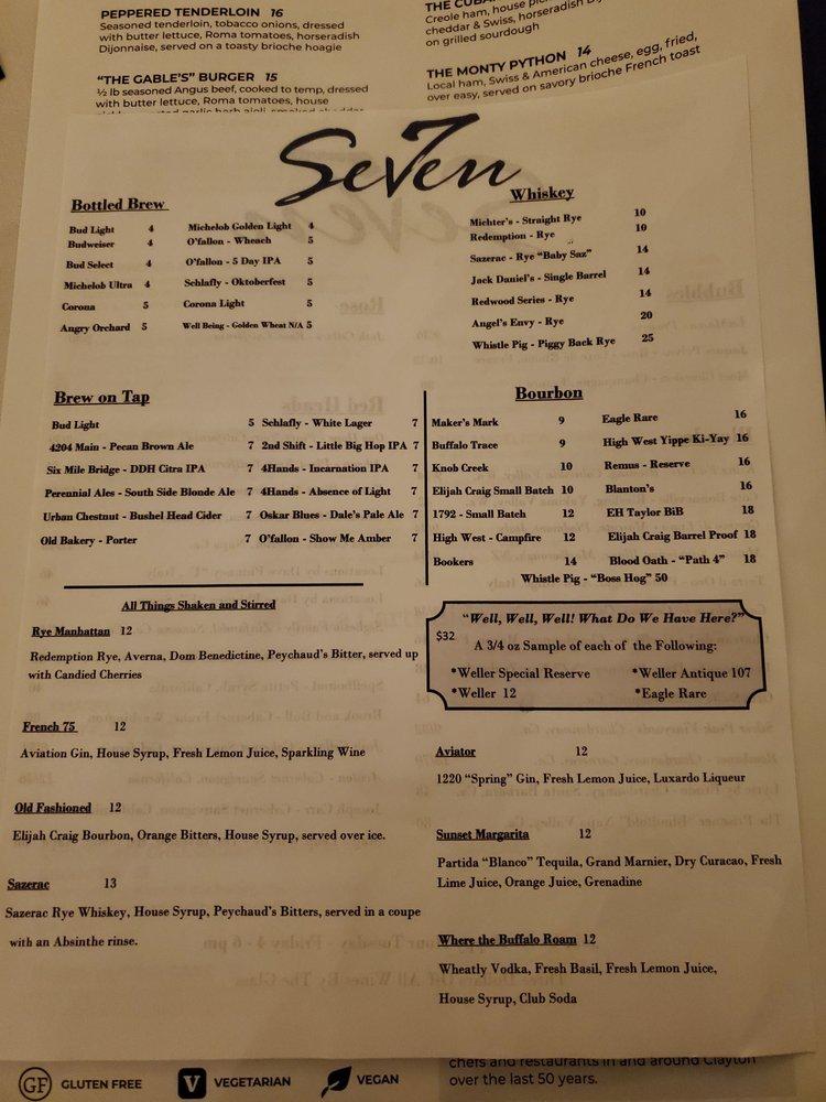 Menu at Seven Restaurant, Clayton