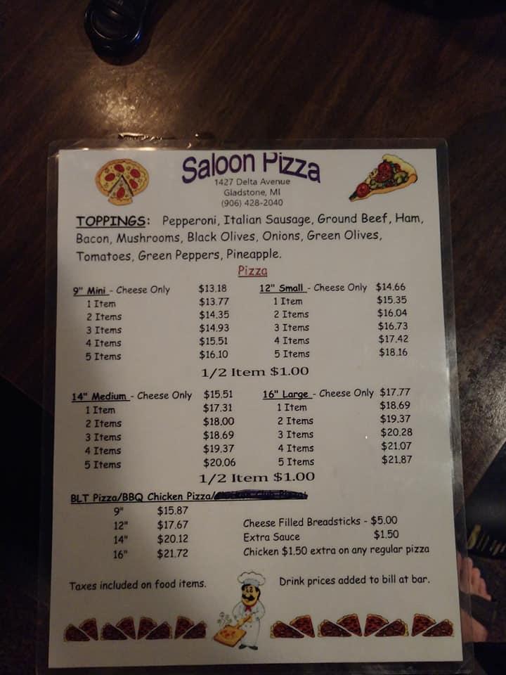 Menu at The Saloon pizzeria, Gladstone