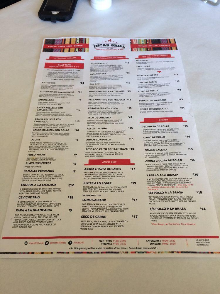 Menu at Incas Grill Peruvian Restaurant & Bar, Concord
