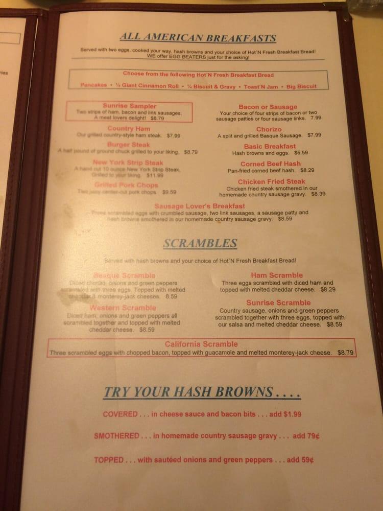 Menu at Sunrise Inn restaurant, Nampa