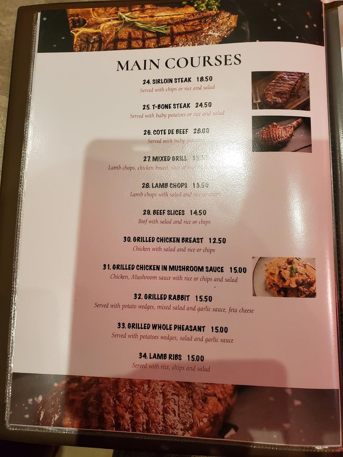 Menu at Tirana restaurant, Ilford