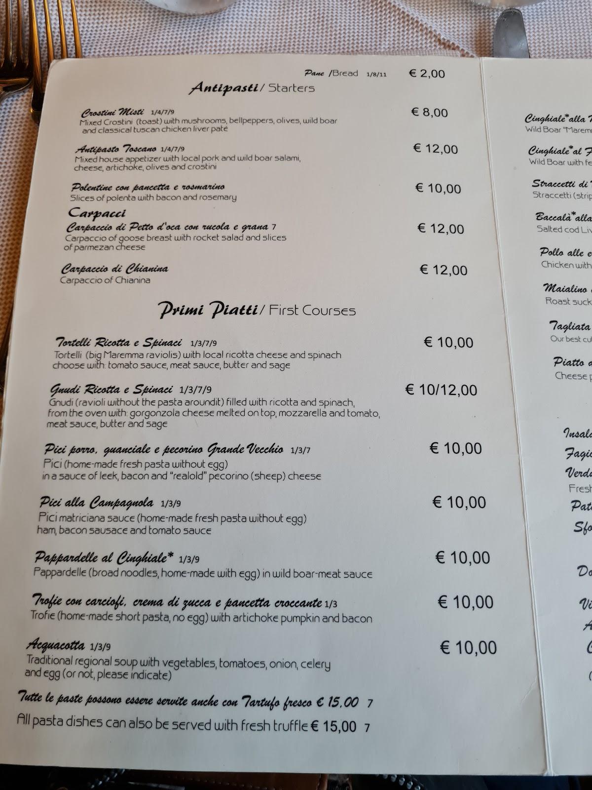 Menu da Trattoria da Paolino ristorante, Manciano
