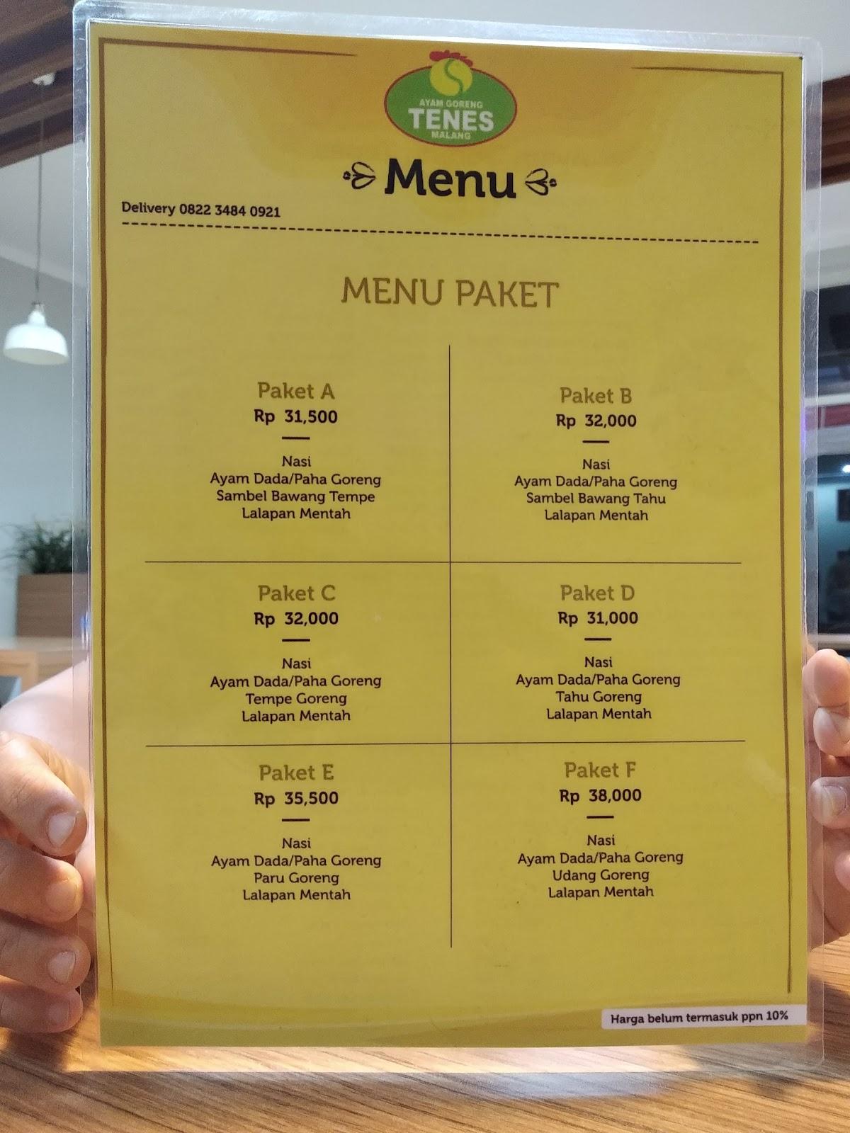 Menu at Ayam Tenes Malang restaurant, South Tangerang