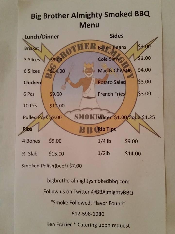 Menu at Big Brother Almighty BBQ, Minneapolis