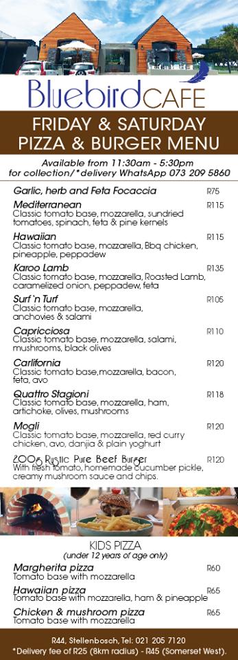 Menu at Bluebird Café. restaurant, Stellenbosch, R44