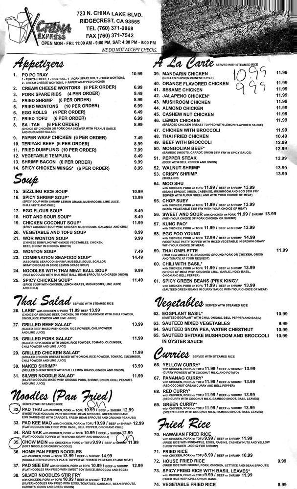 Menu at China Express restaurant, Ridgecrest, 723 N China Lake Blvd