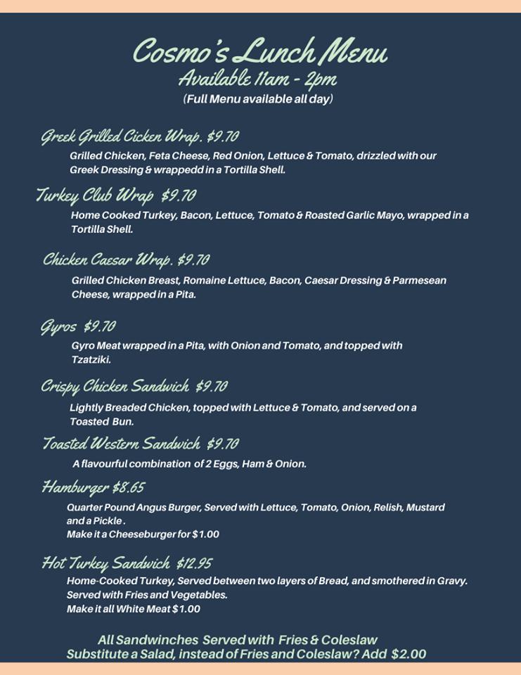 Menu at Cosmo's Family Restaurant, Sarnia