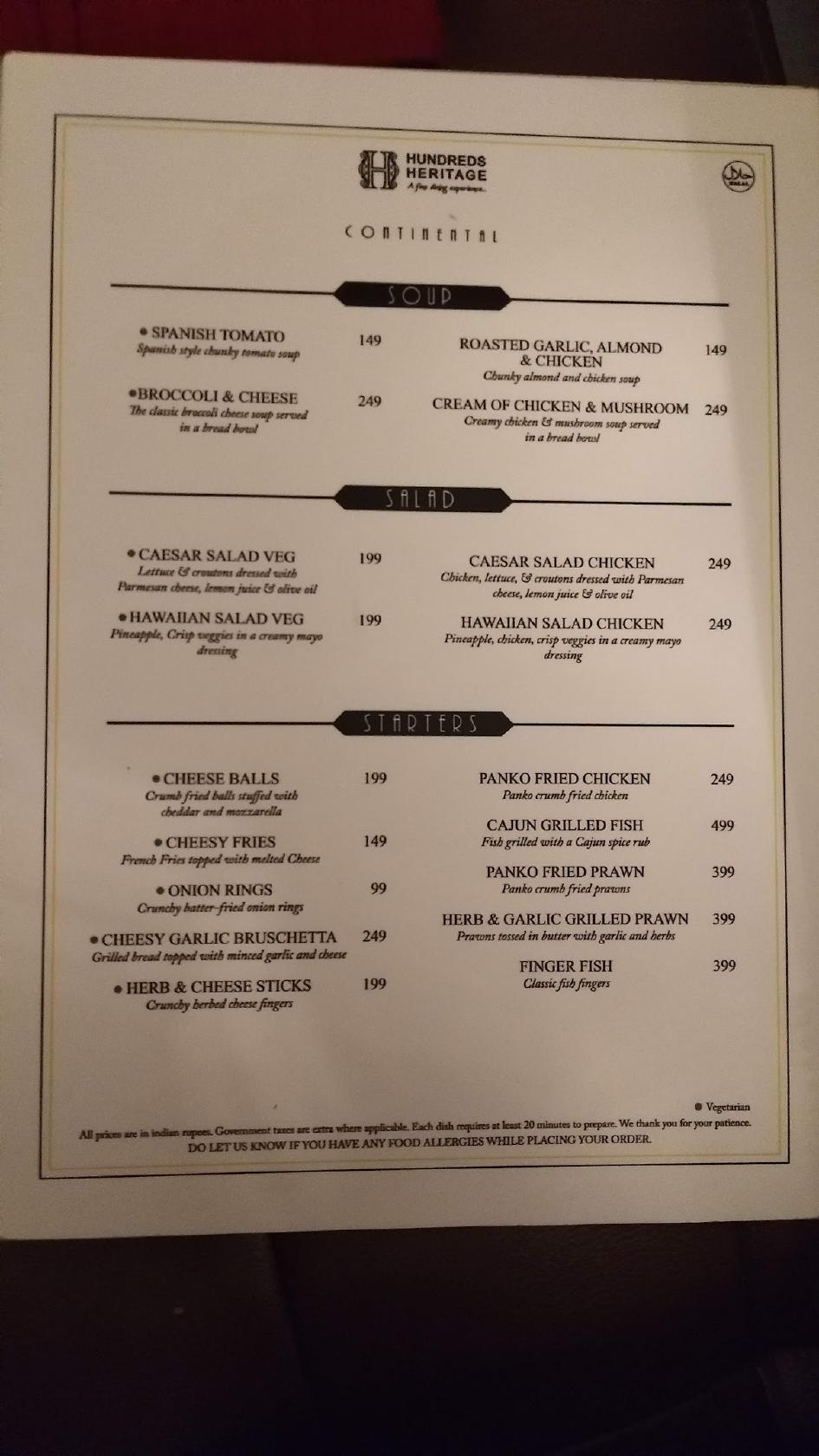 Menu at Hundreds Heritage, Vellore