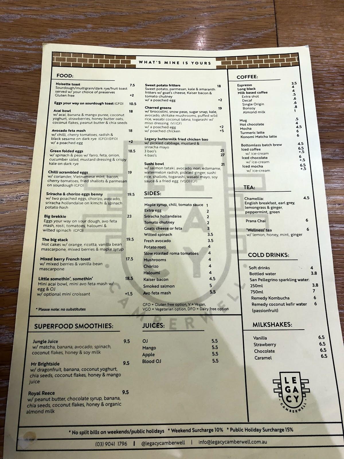 Menu at Legacy Camberwell cafe, Camberwell