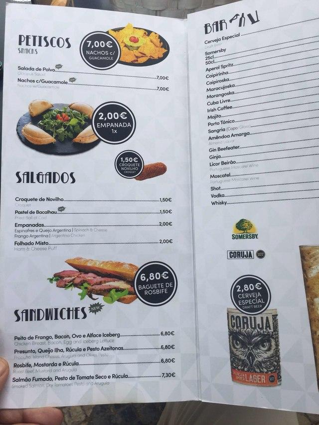 Carta del café Lisboa Kiosk, Lisboa