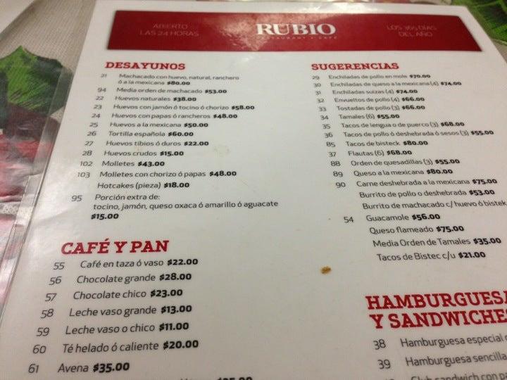 Carta de Restaurante Rubio, Monterrey