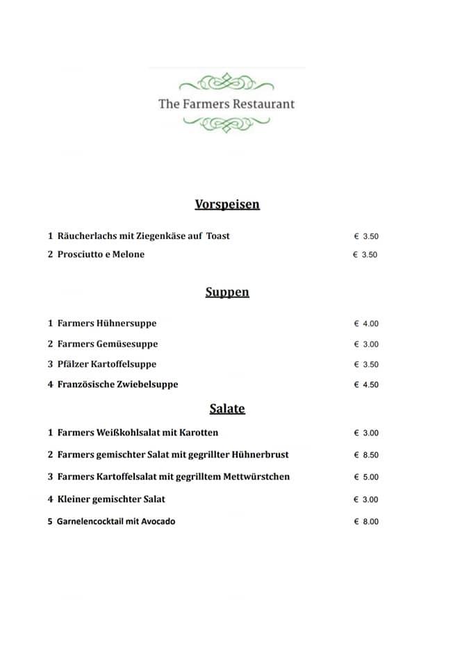 Menu at The Farmers Restaurant, Langwieden