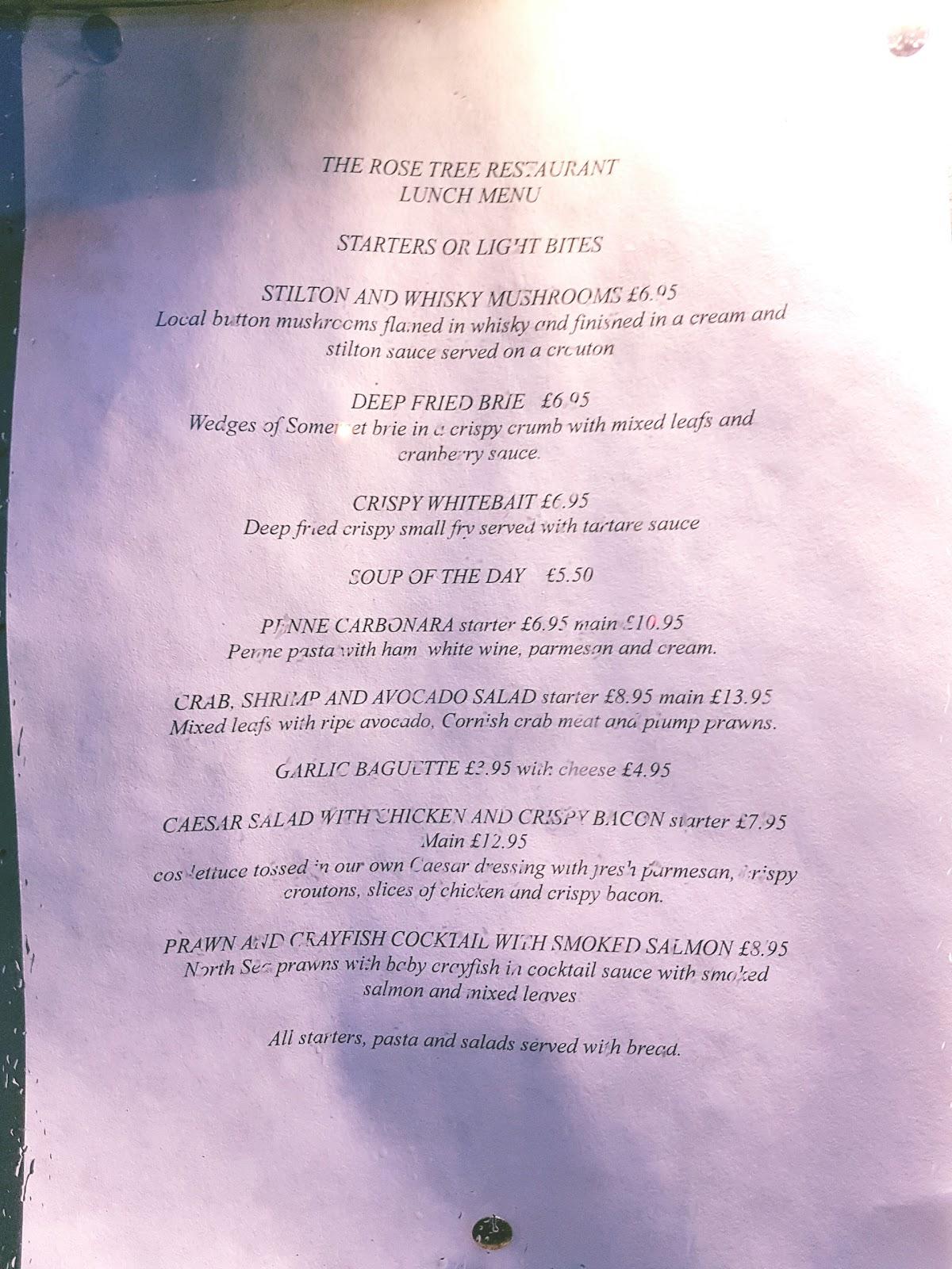 Menu at The Rose Tree Restaurant, Bourton-on-the-Water
