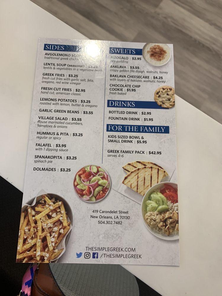 Carta del restaurante The Simple Greek, Nueva Orleans