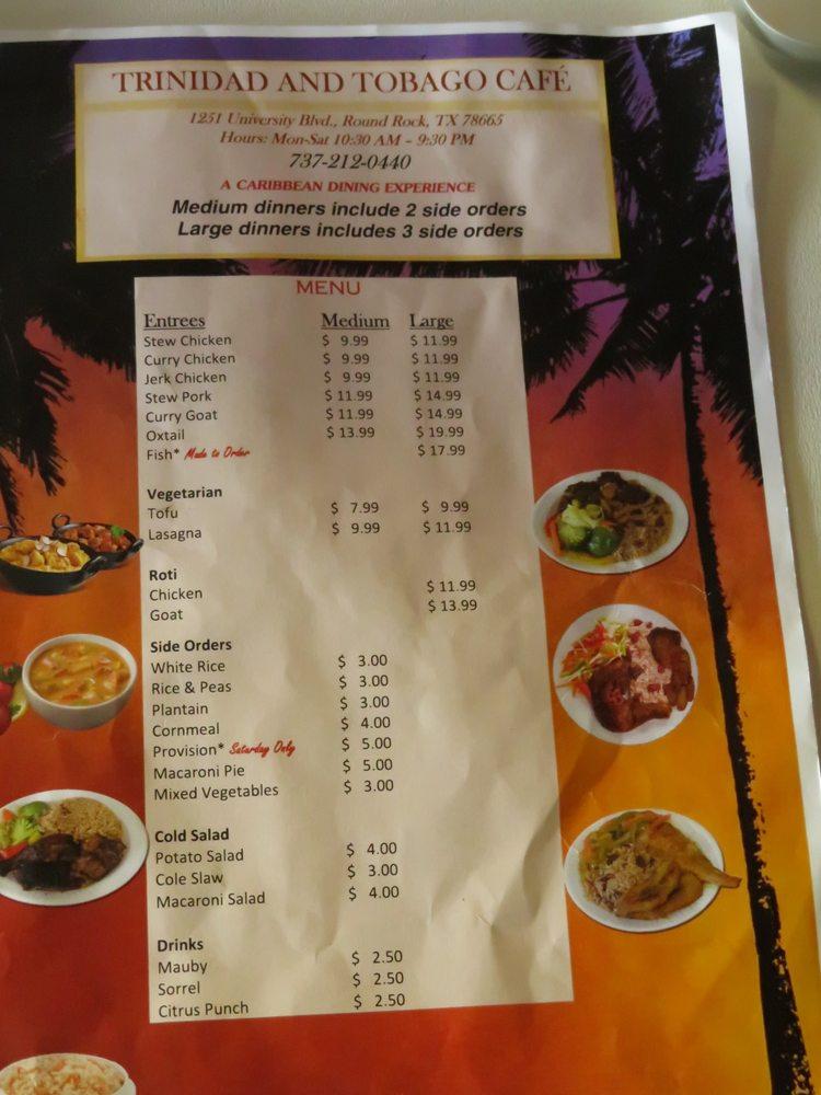 Menu at Trinidad & Tobago Café restaurant, Round Rock