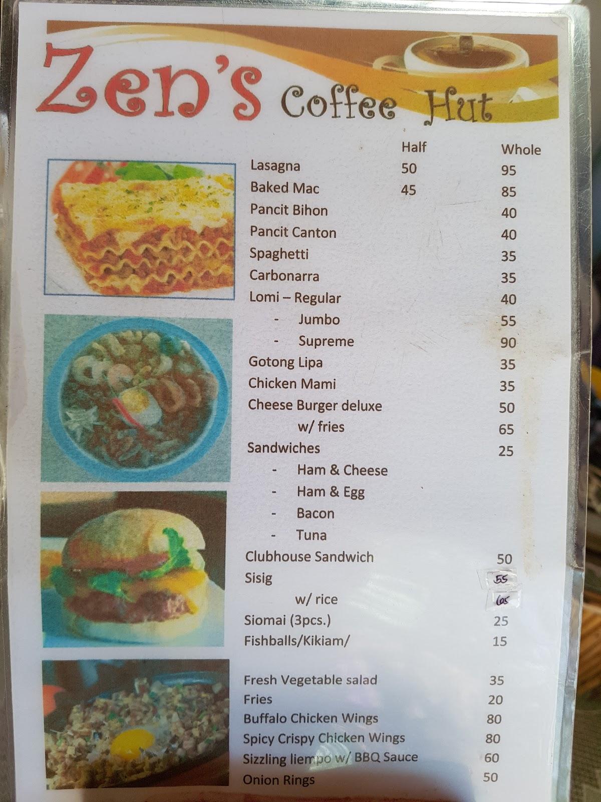 Menu at Zen's Coffee Hut restaurant, Calatagan