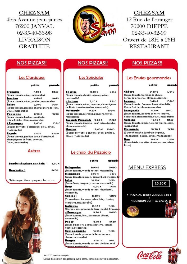 Menu at Chez Sam pizzeria, Dieppe