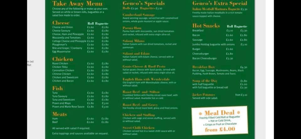 Menu at Gencos fast food, Carlisle