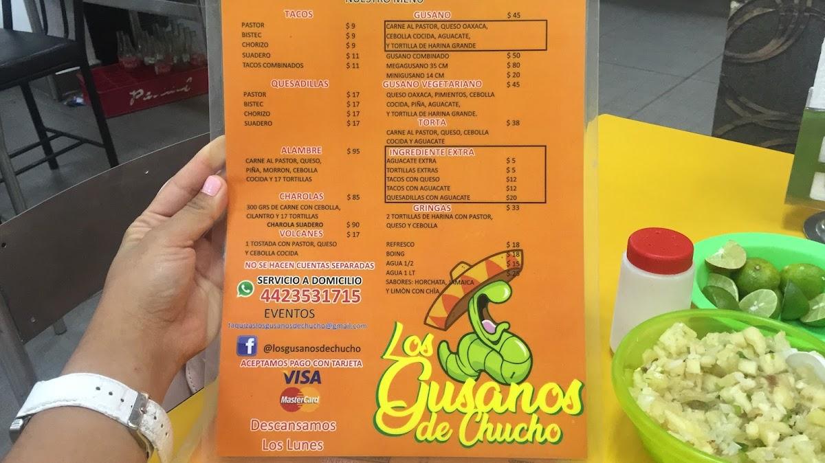 Menu at Los gusanos de Chucho Oficial restaurant, Santiago de Querétaro