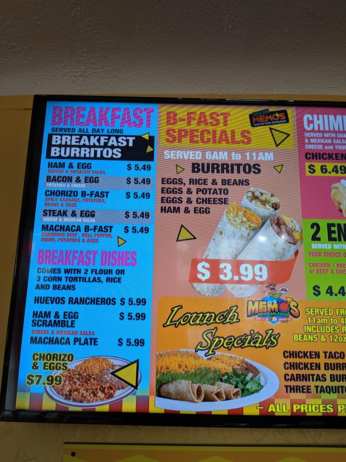 Menu at Memo's Mexican Restaurant, Everett